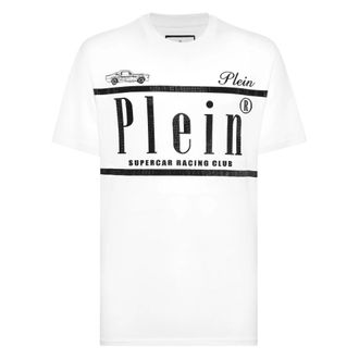 Philipp Plein Homme, Tops, Blanc, Taille: 5XL T-shirt en jersey Col Rond MC Strass Racing Club