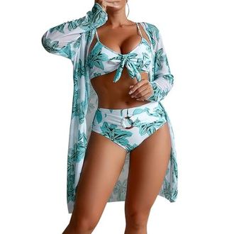 Generic T Shirt Pack Femme Sexy Multicolore Imprim&eacute; Soutien Gorge sans Support en Acier Ensemble Trois Pi&egrave;ces Bikini Grandes Tailles Femme, Vert menthe., XL