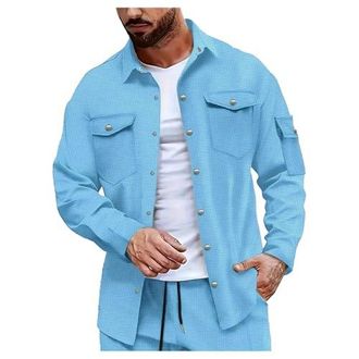 Generic Chemise &agrave; manches longues pour homme, chemise gaufr&eacute;e, coupe ample, boutonn&eacute;e, chemise de travail respirante, couleur unie, hauts d&eacute;contract&eacute;s, col &agrave; 