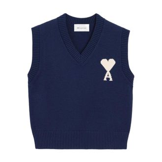 Ami Homme, Pulls, Bleu, Taille: XL Haut Tricot&eacute; Col V Bord C&ocirc;te