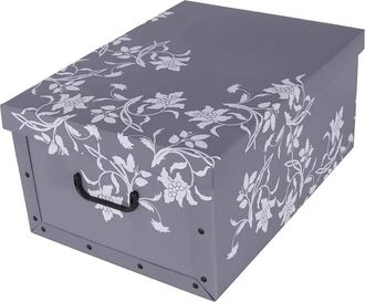 Kreher XXL Dekokarton, Aufbewahrungsbox mit Deckel und Griffen. 45 Liter Volumen. Verschiedene Motive (Barock Blume Grau)