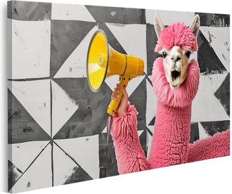 Islandburner Bild auf Leinwand Rosa Lama mit Megaphon vor geometrischer Wand für Wohnzimmer Kunstliebhaber Bilder Wandbilder Poster