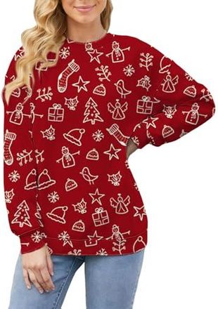 Generic Sweat-shirt de Noël pour femme, pull de Noël à imprimé graphique surdimensionné à col rond, pull léger à manches longues, pull confortable et décontra