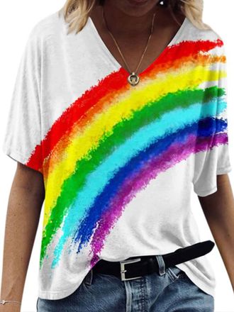 Dresswel Damen Regenbogen T-Shirt V-Ausschnitt Bunte Flagge Pfote Grafikdruck LGBTQ Lesbian Gay Pride Vintage Tee Shirt Oberteil Tops