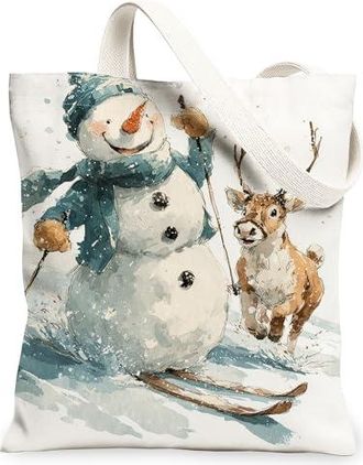 Generic Sacs fourre-tout fantaisistes en toile, motif bonhomme de neige et cerf, sacs de courses r&eacute;utilisables, l&eacute;gers et ludiques, toile lavable pour voyage,
