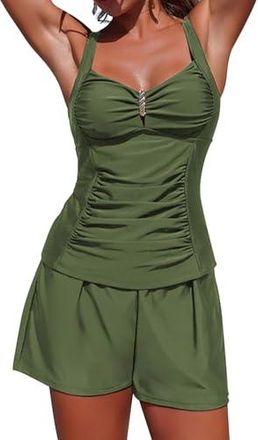 Generic Maillot de bain tankini pour femme - Maillot de bain deux pi&egrave;ces avec short de bain pour femme - Grande taille - Manches courtes - Coupe ample, Vert n