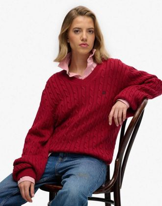 Superdry Oversize-Pullover in Bordeauxrot mit V-Ausschnitt und Zopfmuster
