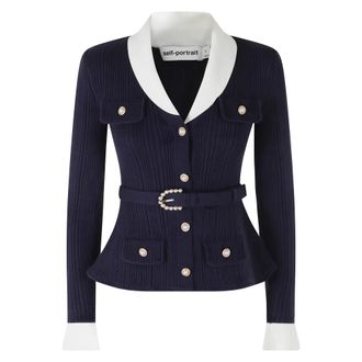 Self Portrait Rippstrick-Cardigan - - Knitwear - Damen - Blau - S