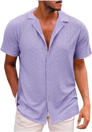 Generic Chemise &agrave; manches courtes en coton et lin pour homme - Col &agrave; revers - Chemise d&eacute;t&eacute; boutonn&eacute;e - Chemise d&eacute;t&eacute; d&eacute;contract&eacute;e - Chemise de plage - Coupe dr
