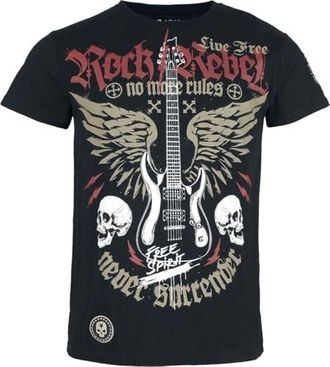 Rock Rebel by EMP Homme T-Shirt Noir avec Grand imprimé sur Le Devant et Patchs sur Le Devant et Les épaules M