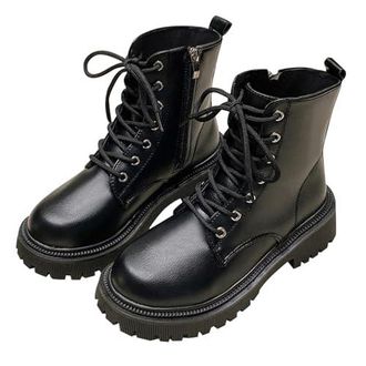 Generic Bottines Femme Elegant Bout Rond Plates Bottes en Cuir Style Britannique Semelle Épaisse Antidérapante Lacets Fermeture Éclair Boots Chaussures Femme 