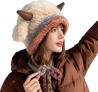 Generic Bonnet en peluche - Doux et chaud - Coupe-vent - Oreilles de mouton tricot&eacute;es - Bonnet dhiver en polaire - Joli couvre-chef confortable - Pour les tra