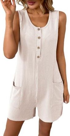 Generic Combinaison Femme &Eacute;l&eacute;gante et Courte pour l&Eacute;t&eacute;, Tenue D&eacute;contract&eacute;e et Confortable, Barboteuse Sans Manches &agrave; Boutonnage Devant avec Poches Pratiques(B