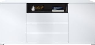 Vladon Skadu V4 Sideboard, Kommode mit 2 Türen, 3 Schubladen und 1 offenem Fach, Weiß matt/Schwarz matt (166,5 x 75,5 x 35 cm)