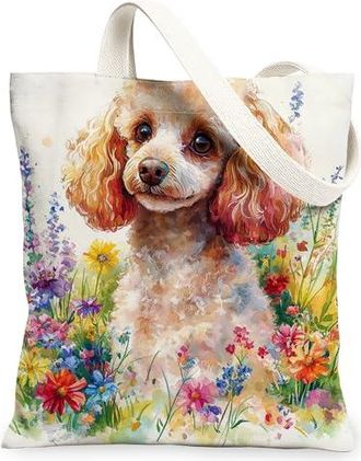 Generic Sac fourre-tout en toile r&eacute;utilisable avec motif caniche printanier 33 x 38,1 cm, motif aquarelle et chiot avec imprim&eacute; floral sauvage pour femme, ani