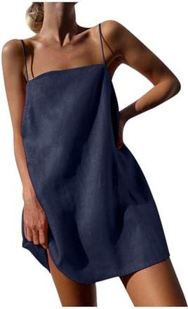 Generic Robe dété décontractée en coton et lin à bretelles spaghetti pour femme - Col carré - Pour petites femmes - Vacances au Royaume-Uni - Plage - Mini rob