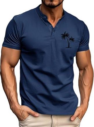 Generic Chemises Henley pour homme - T-shirt basique l&eacute;ger &agrave; manches courtes et d&eacute;contract&eacute;, t-shirt d&eacute;t&eacute; Henley de couleur unie, bleu marine, 3XL
