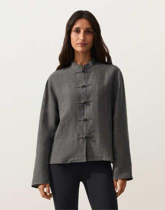 Oysho Veste boutonn&eacute;e en lin &agrave; col montant - Anthracite fonc&eacute;-Noir