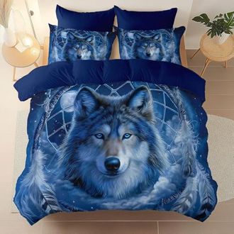 Generic Housse de Couette 90 x 190 cm, Fantastique Attrape-r&ecirc;ves Loup &Eacute;toiles Parure de lit r&eacute;versible imprim&eacute;e, Housse de Couette Bleu fonc&eacute; en Microfibre Do