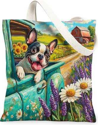 Generic Sac fourre-tout en toile motif terrier de Boston printanier, 33 x 38,1 cm, sac d&eacute;picerie r&eacute;utilisable pour femme, motif animal de compagnie, d&eacute;coratio