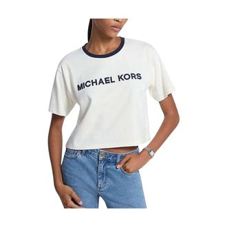 Michael Kors Femme, Tops, Blanc, Taille: 38 FR T-shirt en coton d&eacute;contract&eacute; avec logo appliqu&eacute;