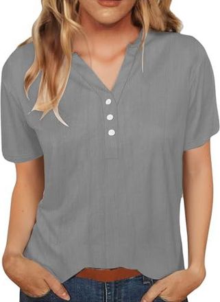 Generic IQYU T-shirt long pour femme - Grandes tailles - Manches courtes - En mousseline - Chemisier surdimensionn&eacute; en lin - Col en V - Couleur unie - Haut d&eacute;