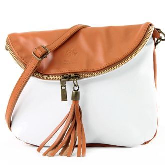 modamoda.de T07 / T139 Damen Leder Umh&auml;ngetasche, Klein, 2 Modelle, handmade in Italy, Farbe:Wei&szlig;/Cognac