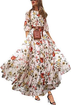 Onsoyours Femmes Robe À Bretelles Bohème Floral Bouton Robe Plage sans Manches Col V Simple Elegante Casual Chic Soirée Vintage avec Poche A Blanc XXL 3XL