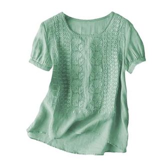 Generic Chemise en lin pour femme habill&eacute;e d&eacute;contract&eacute;e r&eacute;tro broderie fleur hauts &agrave; manches courtes boh&egrave;me d&eacute;t&eacute; tendance tunique fluide, vert menthe, 3XL