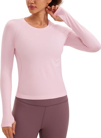 CRZ YOGA Damen Nahtlos Sport Langarmshirt mit Daumenloch Ribbed Laufshirt Gym Oberteil Tops Fitness Langarm Tshirt Erdbeerrosa 36