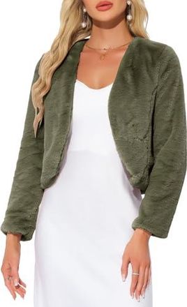 Allegra K Veste courte pour Femme en fausse fourrure &agrave; manches longues ouvert devant bol&eacute;ro dhiver manteau Arm&eacute;e verte M