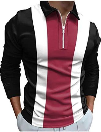 Generic Polo ray&eacute; &agrave; manches longues pour homme avec fermeture &eacute;clair 1/4 - Coupe ajust&eacute;e - Col extensible, Polo rouge &agrave; manches longues pour hommes, XXL