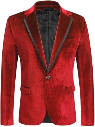 Generic Blazer en velours &agrave; simple boutonnage pour homme - Coupe ajust&eacute;e - Veste de sport - Veste de costume en velours pour homme, Rouge, 3XL