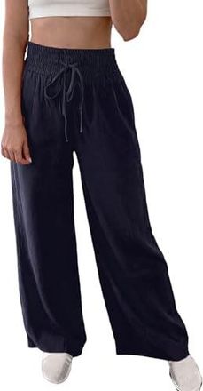 Generic Pantalon en coton et lin pour femme - Jambe large - Pantalon de plage d&eacute;t&eacute; pour femme - Confortable - Pantalon de yoga Palazzo XIYU26039, bleu marine,