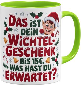 OM3 Lustige Wichtelgeschenk Tasse bis 15 Euro - Humorvolle Spruchtasse f&uuml;r Wichtelrunde - Schrottwichteln - Wichteln - Keramik Becher - 325ml - Beidseitig