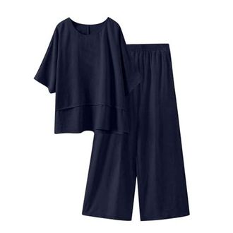 Generic V&ecirc;tements de sport 2 pi&egrave;ces en lin pour femme - Ensemble pour v&ecirc;tements en coton et lin - Chemises &agrave; manches longues - Pantalon large - Surv&ecirc;tement gr