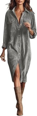 Generic Robe chemise en velours c&ocirc;tel&eacute; de coupe surdimensionn&eacute;e avec poches lat&eacute;rales et fendues pour lautomne et lhiver, tenue d&eacute;contract&eacute;e au quotidien, Cen