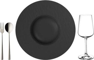 Villeroy & Boch Manufacture Geschirr-Set 12 teilig für 4 Personen Schwarz, Spülmaschinenfest, Tafelservice Set, Geschirrset Modern mit Pastatellern, Weingläsern und P