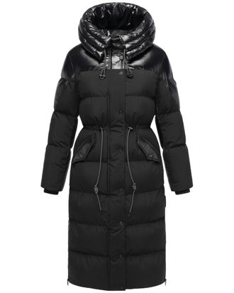 Navahoo Damen Langer Wintermantel warmer Steppmantel aus einem angesagten Materialmix und gro&szlig;er Kapuze Knusperherz 14 Black Gr. L