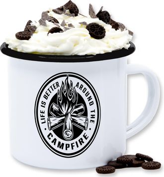 Shirtracer Emaille Tasse Blechtasse - Camping Tassen - Life is better campfire - Camper Ausr&uuml;stung - 300 ml - Wei&szlig; Schwarz - campingfans f&uuml;r geschenke motiv