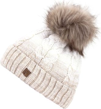 Faera Winterm&uuml;tze M&uuml;tze Damen warm gef&uuml;ttert mit Kunstfell Bommel-M&uuml;tze Fleecefutter Winter Strickm&uuml;tze Beanie, Farbe:Beige
