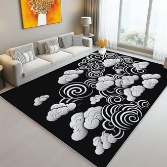 Generic Noir et Blanc Lavable en Machine Tapis Salon Motif Nuageux de Style Japonais Traditionnel, 140 x 200 cm Doux Tapis de Sol Pelucheux Dessous Antid&eacute;rapa