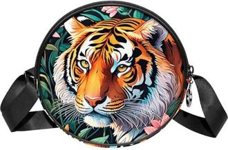 Generic Petit sac &agrave; bandouli&egrave;re rond pour femme, motif fleur de tigre, sac &agrave; dos avec fermeture &eacute;clair, bretelles r&eacute;glables, sac &agrave; main rond d&eacute;contract&eacute; pour 