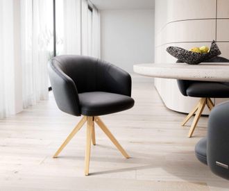 DELIFE Drehstuhl Caja-Flex mit Armlehnen Echt-Leder Schwarz Holzgestell kantig Natur 180&deg; drehbar Taschenfederkern, Esszimmerst&uuml;hle