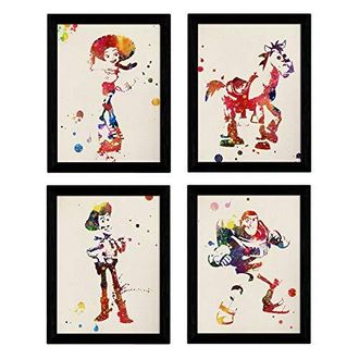 Nacnic Ensemble de Quatre Impressions de Style &eacute;clatde Couleurs. Affiches de cin&eacute;ma Toy Story, Buzz, Woody, Jessie et Le Cheval en Fond daquarelle au Format 