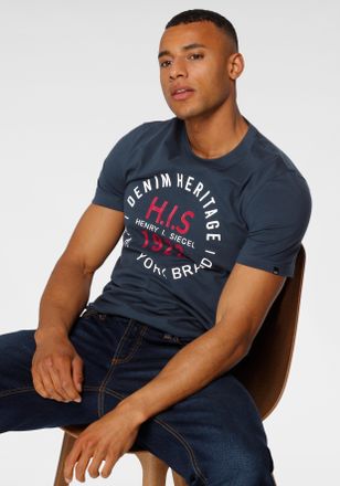 H.I.S Rundhalsshirt H.I.S, Herren, Gr. 4XL (68/70), blau (marine), Single Jersey, Obermaterial: 100% Baumwolle, bedruckt, schmal, Rundhals, Shirts Rundhalss