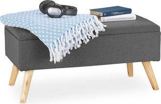 Relaxdays Sitzbank mit Stauraum, gepolstert, Holzbeine, Truhenbank Stoffbezug, H x B x T: 39,5 x 79,5 x 39,5 cm, grau