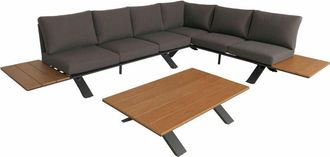 Hhg Neuwertig] Aluminium Garten-Garnitur HHG 802, Sitzgruppe Garten-/Lounge-Set Sofa, Holzoptik Gestell anthrazit, Polster dunkelgrau