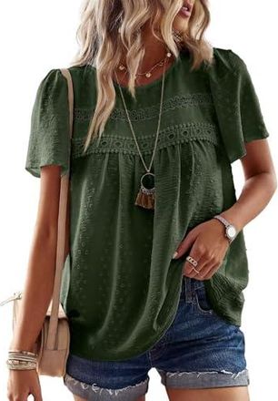 Generic Haut d&eacute;t&eacute; tendance pour femme, d&eacute;contract&eacute;, boh&egrave;me, col rond, manches lanternes, manches courtes en dentelle fluide, vert fonc&eacute;, XL