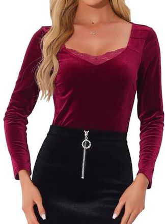 Allegra K Haut en Velours pour Femmes Chemisier à Manches Longues Tops Élégants Col en V en Dentelle Blouse Vintage Basique Bordeaux XL